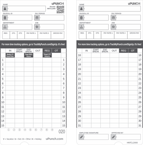 uPunch Time Cards for Grey Calculating Auto Align Time Clocks HN4000 - - Aussie Time Sheets